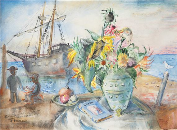 Nikolai Burliuk | Still life with Sunflowers in a Vase (1949) | MutualArt