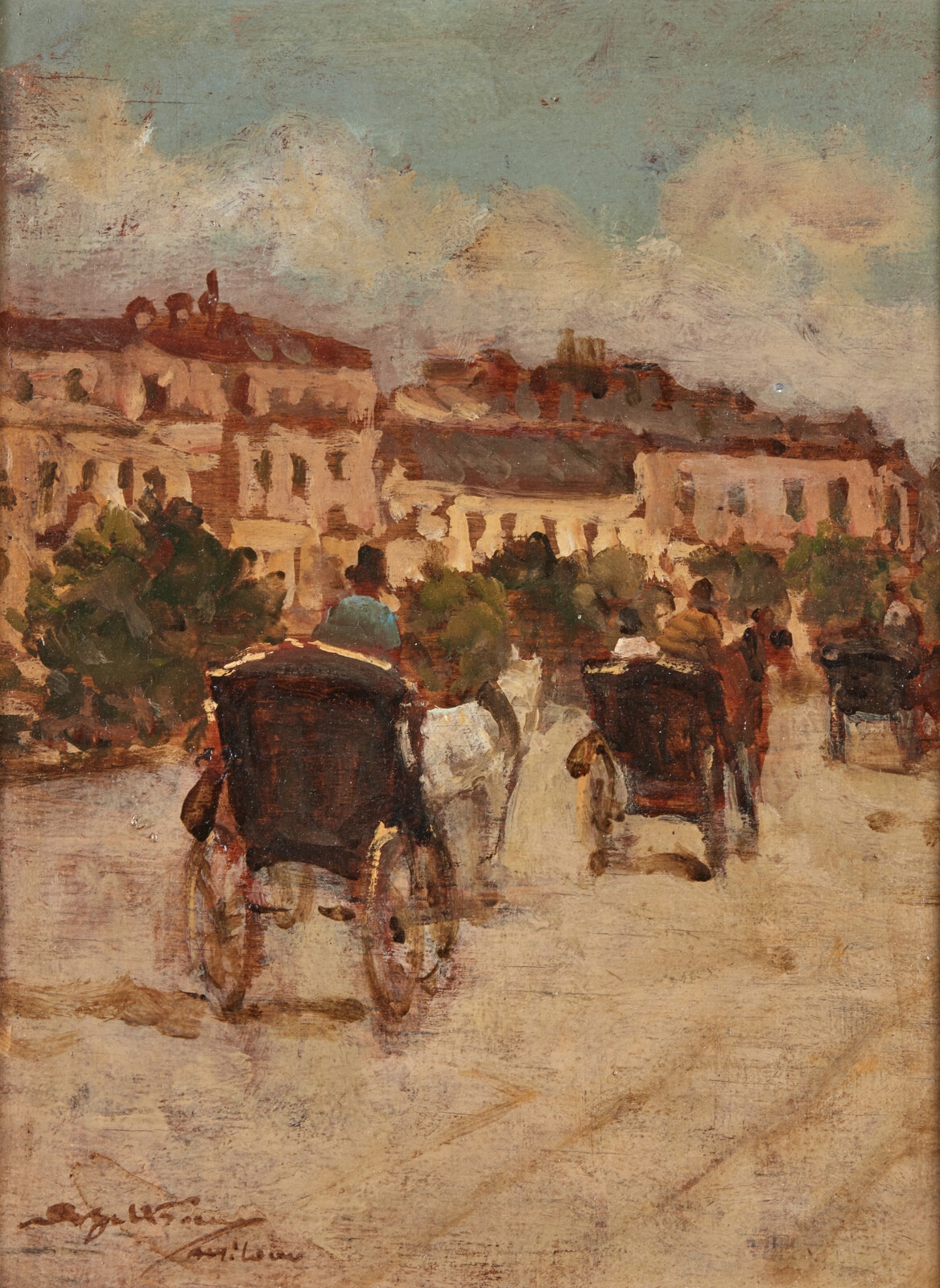 Achille Beltrame | City road with carriages | MutualArt