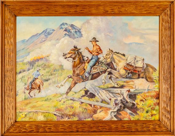Pat Timm | Scene of cowboys and wildfire in mountains, ca. 1950s (Circa ...