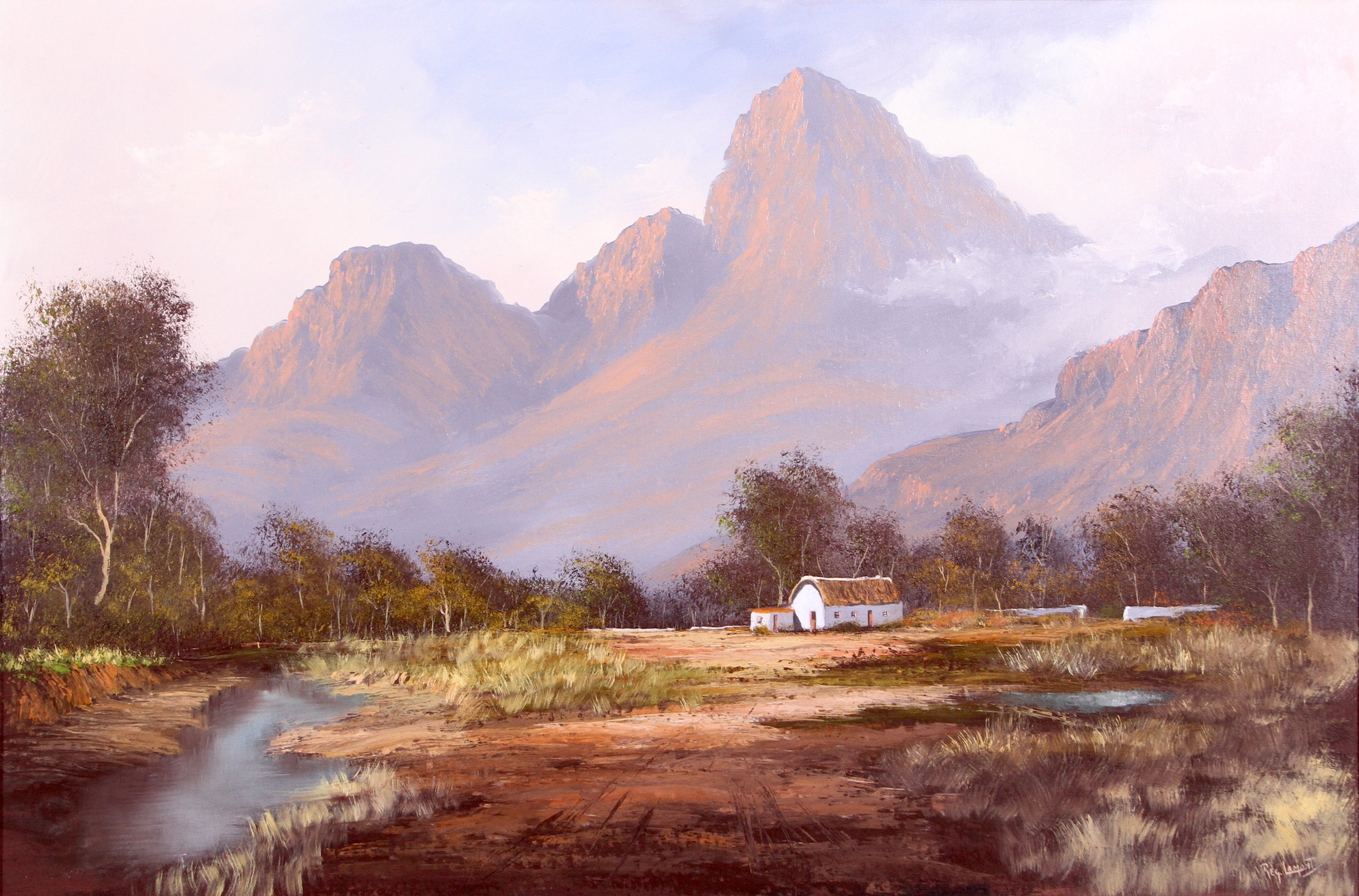 Reg Lamont | FARMHOUSE IN A MOUNTANOUS LANDSCAPE | MutualArt
