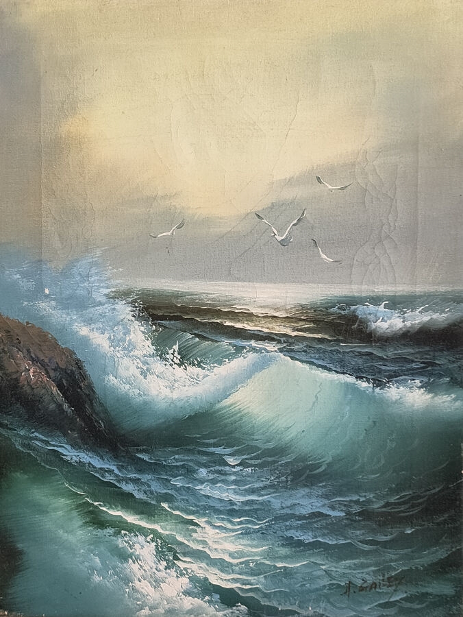H. Gailey | MOUETTES SUR LA VAGUE SOUS UN COUCHER DE SOLEIL | MutualArt