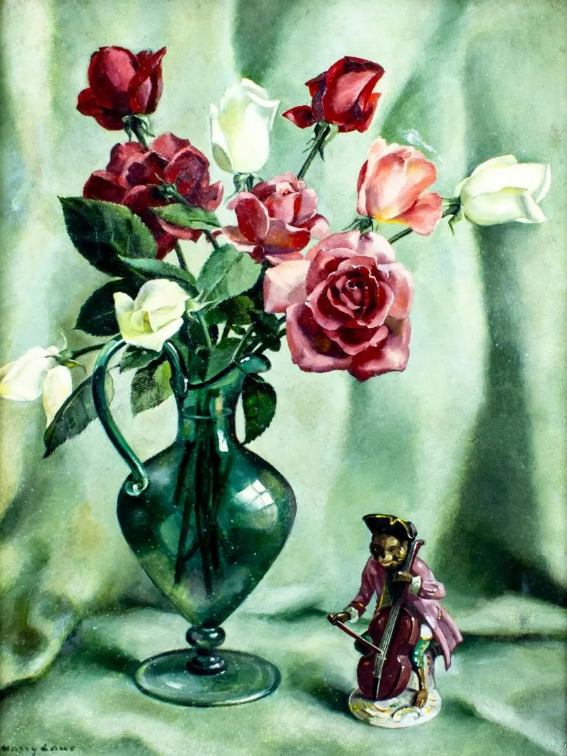 Harry Lane | Still Life with Vase of Roses and Porcelain Figurine ...