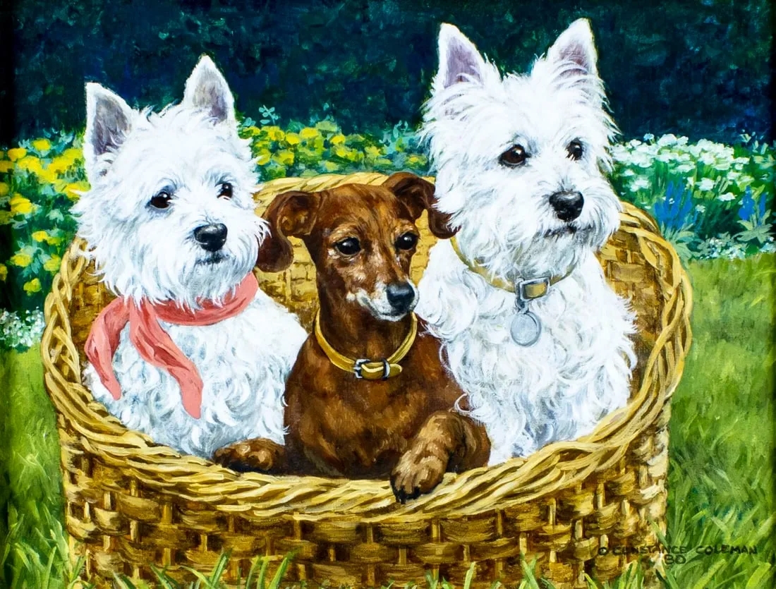 Constance Coleman Richardson | Three Dogs in Basket (1980) | MutualArt