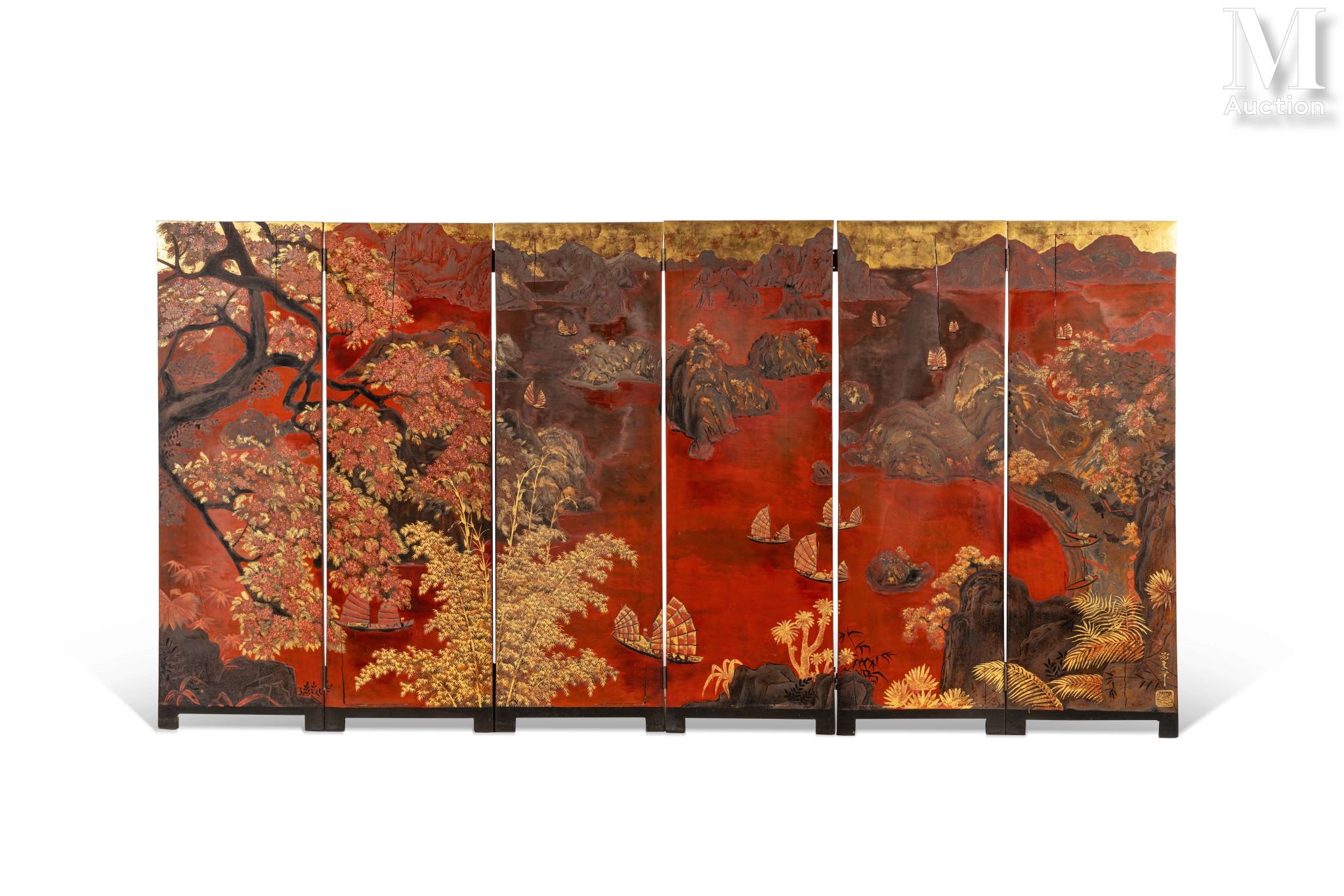 Pham Hau | Rare et important paravent en laque | MutualArt