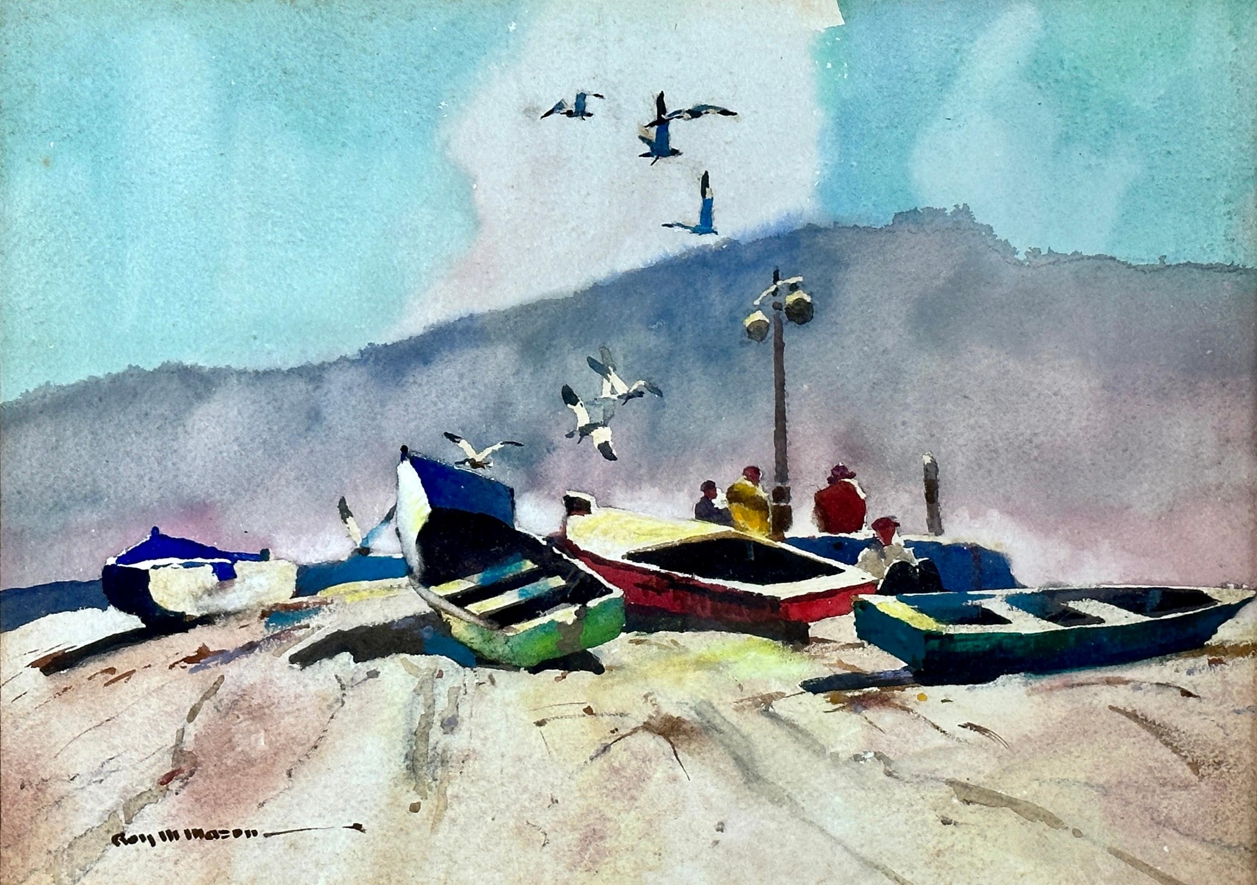 Roy M. Mason | river landscape with rowboats and shacks | MutualArt