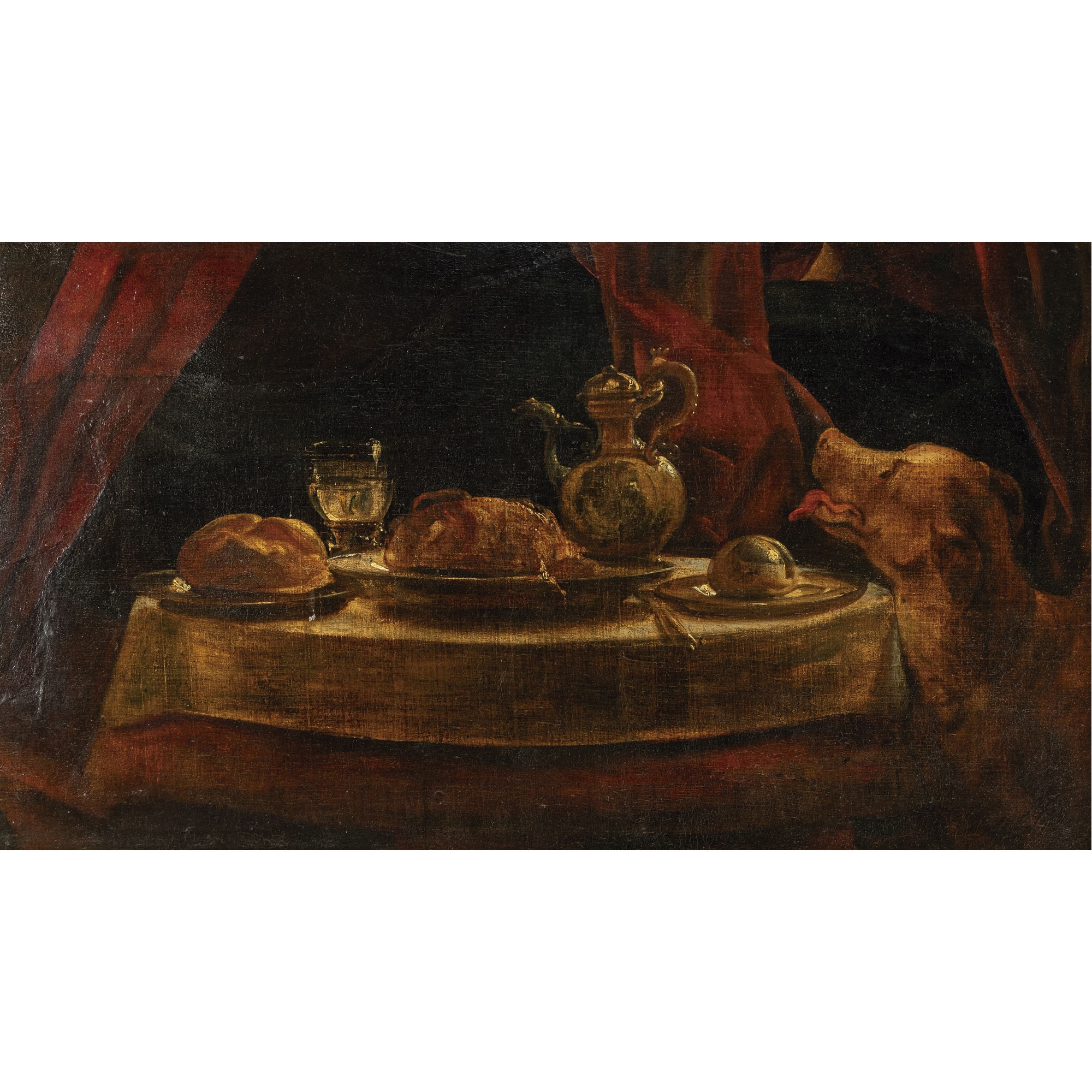 Jacob Jordaens | Bodeg n con plato de carne, copa y jarro sobre una mesa con un perro | MutualArt