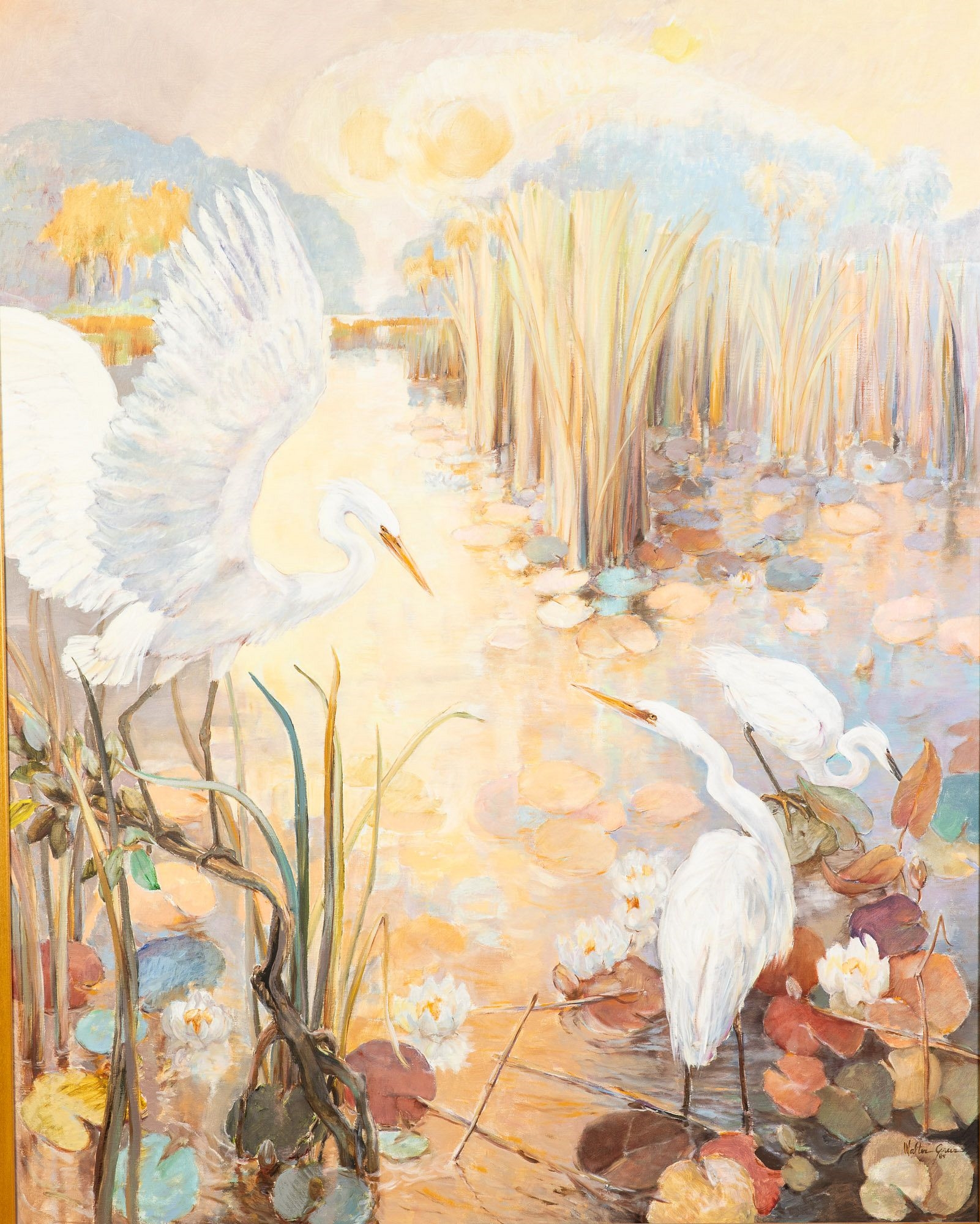 Walter Greer | Pond w/Egrets and Purple Gallinule | MutualArt
