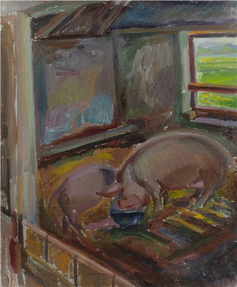 Harry Barr | Sow feeding from a trough with piglet alongside | MutualArt