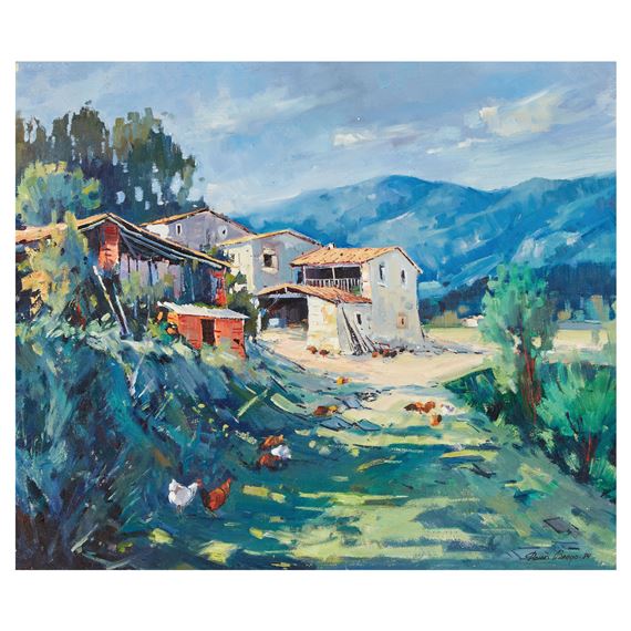 Pere Danés Berga | Paisaje rural con gallinas (1989) | MutualArt