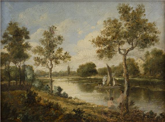 John Constable | River landscape with figures and sailing vessel ...