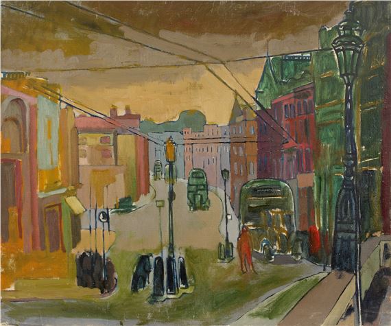 Harry Barr | Street scene with buses | MutualArt