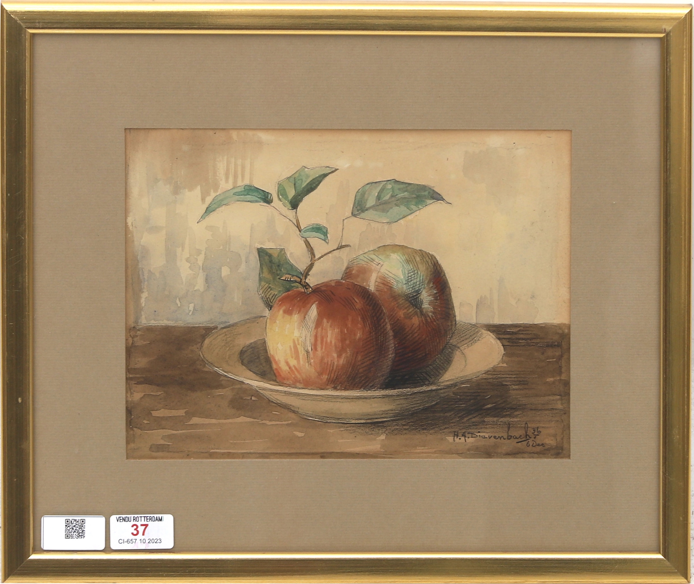 Hendricus Anthonius Dievenbach | ‘Stilleven met appels in een bord’, gesigneerd ‘ (36) | MutualArt