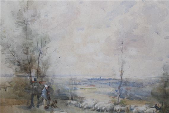 Robert Brough | Landscape with shepherdess and flock | MutualArt