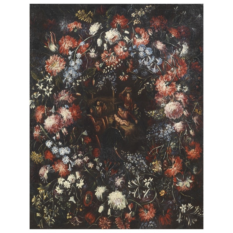 Flemish School 17th Century | THE NATIVY INTO A FLOWER GARLAND | MutualArt