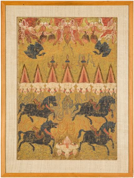 Tibetan School, 17th Century | A thangka depicting four horses beneath ...