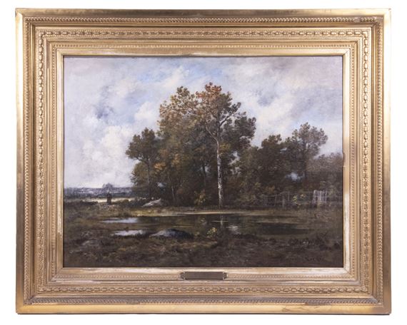 Léon Richet | Barbizon Landscape with shepherdess at pond | MutualArt