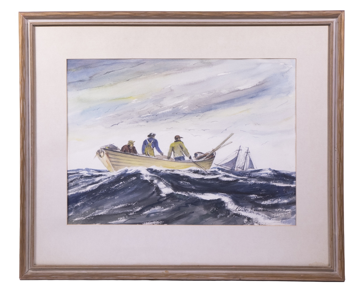Charles Kaeselau | Three Fishermen in Dory with Passing Schooner ...