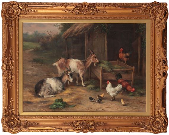 Edgar Hunt | A farmyard landscape with goats, chickens and chicks ...