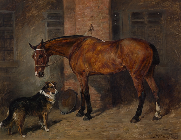 John Emms | Her Grace's Hunter and Collie in a Stable (1896) | MutualArt