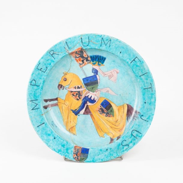 Joseph-Theodore Deck | Dish painted with a medieval horseman and the ...