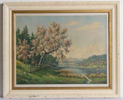 Willy Hanft | View of the river Rhein in spring with blooming trees ...