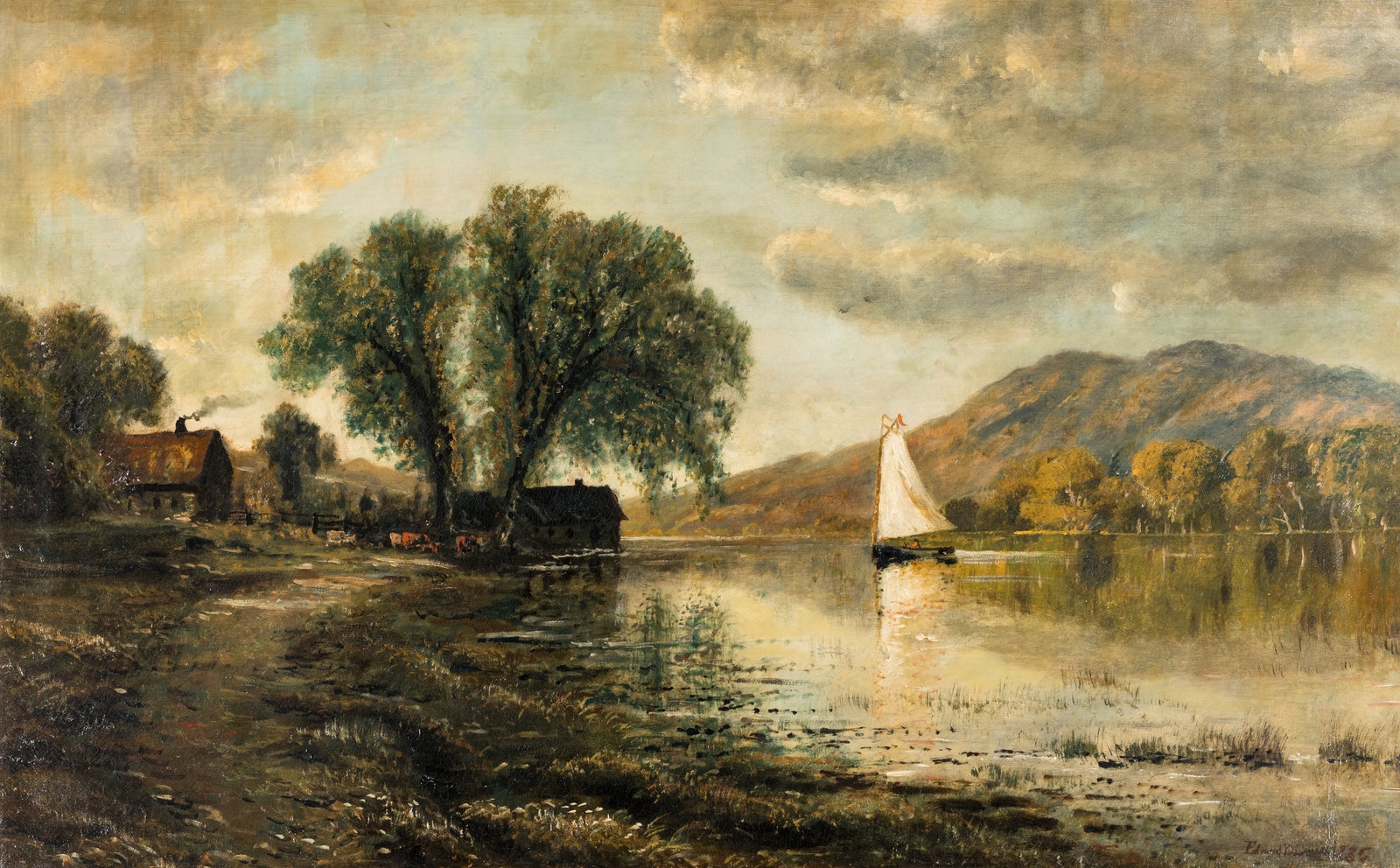 Edmund Darch Lewis | Landscape with Cottages and Sailboat (1886 ...