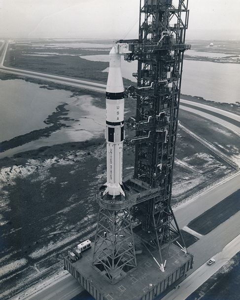 NASA | A superb and rare view of the SATURN 1B rocket launch pad as it prepares to orbit the ...