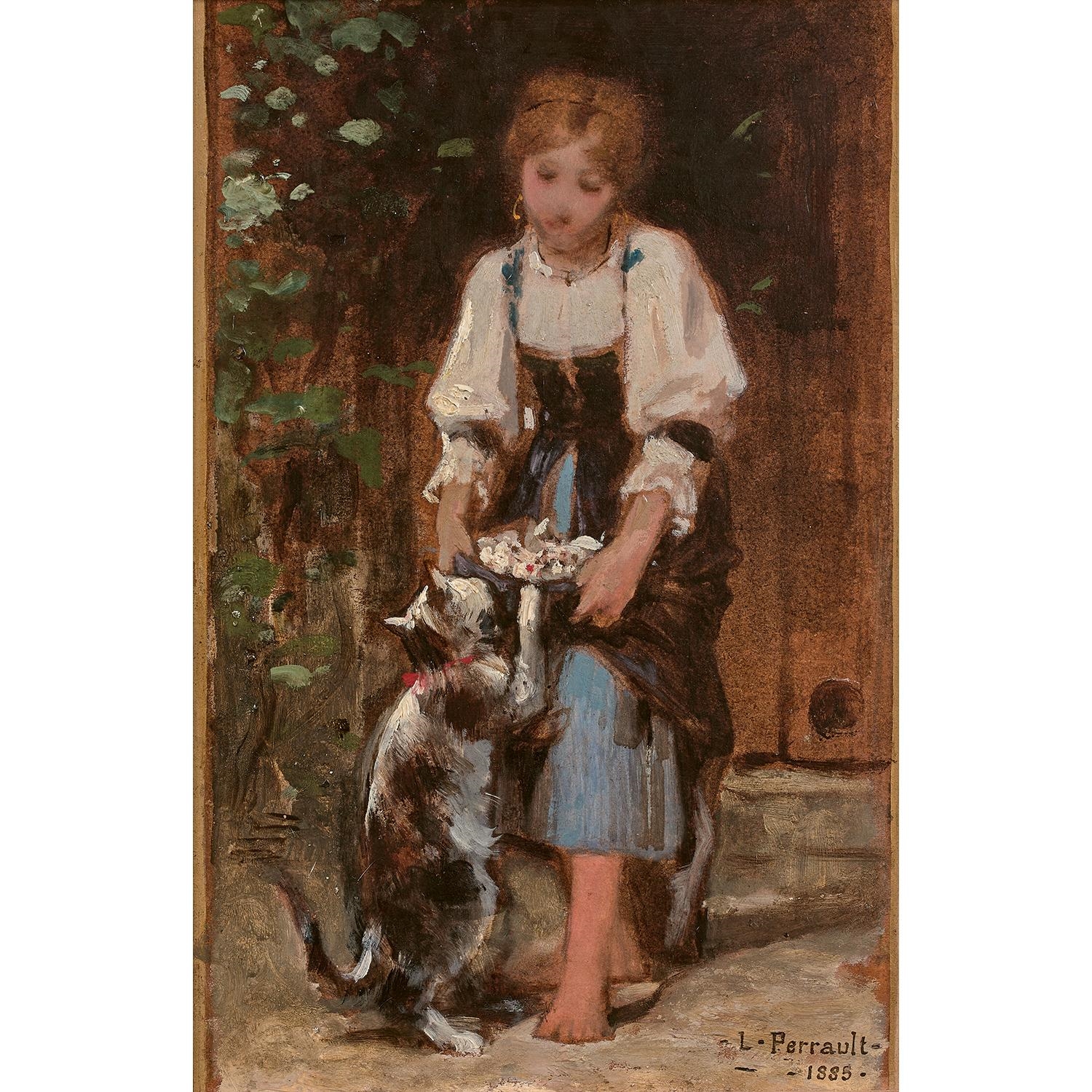 Léon Jean Bazile Perrault | JEUNE FEMME ET SON CHAT (1885) | MutualArt