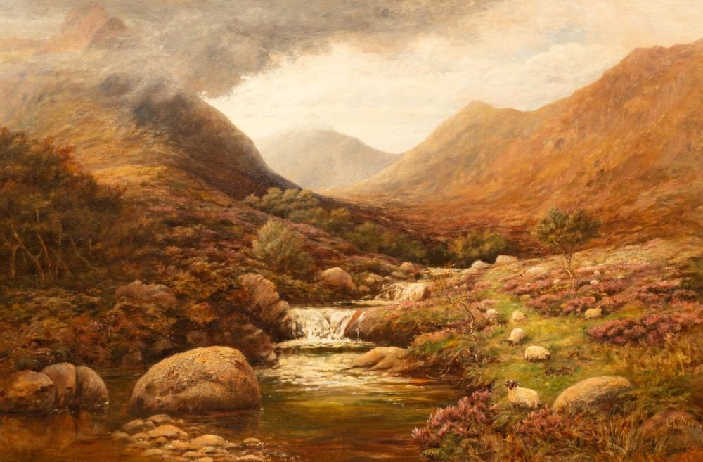 Thomas Groves | Sheep Grazing by a Highland Stream (1883) | MutualArt