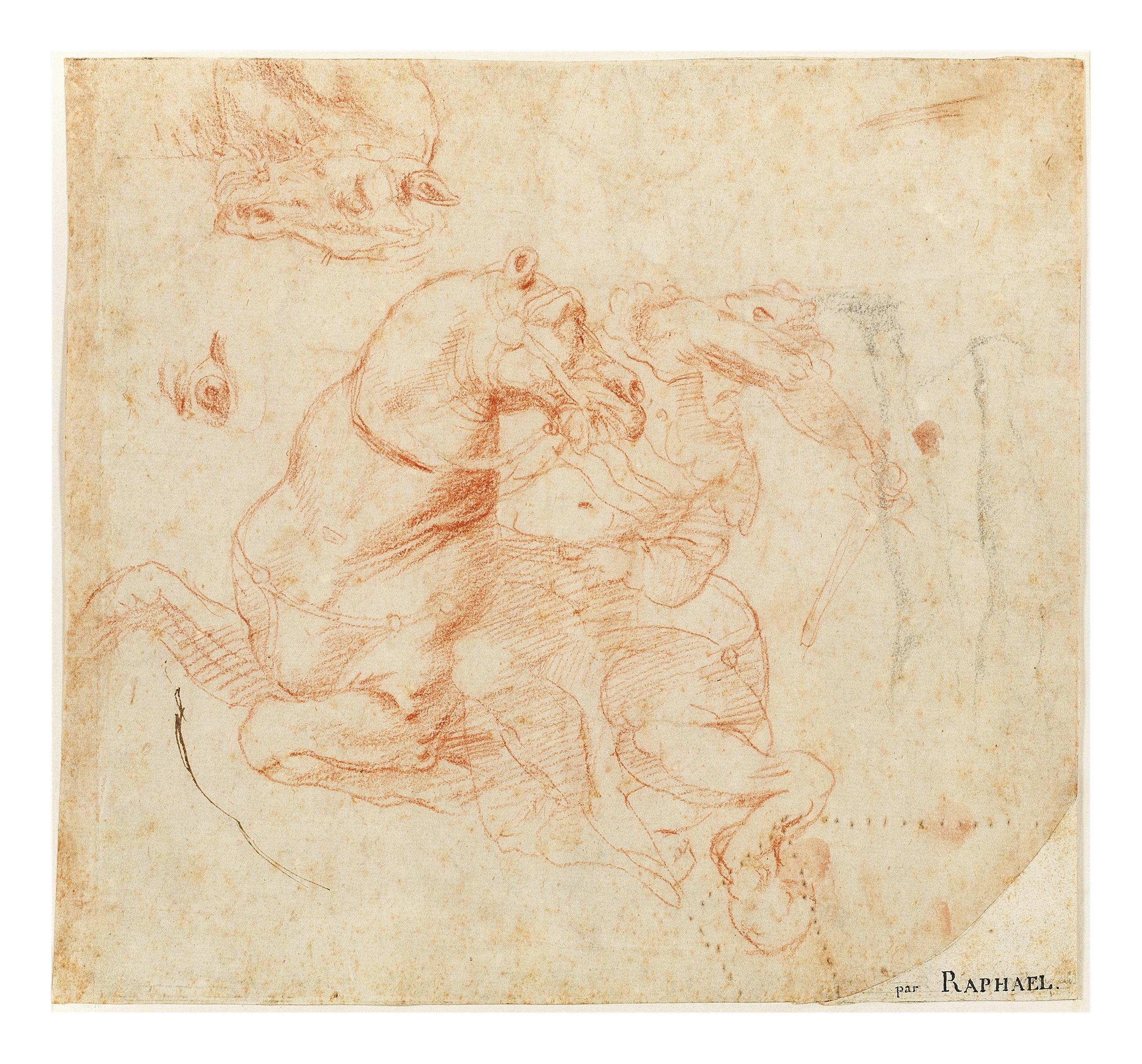 Raffaello Sanzio | : a Solomonic column and seated male figures (Circa ...