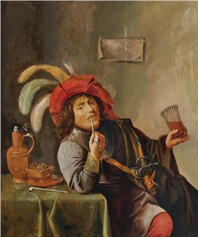 Jan Miense Molenaer | A cavalier drinking and smoking (Circa 1610) | MutualArt