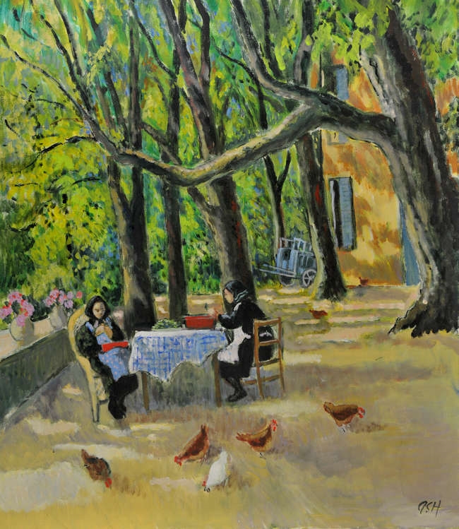 John Ash | Two Women at a Farmyard Table with Chickens around | MutualArt
