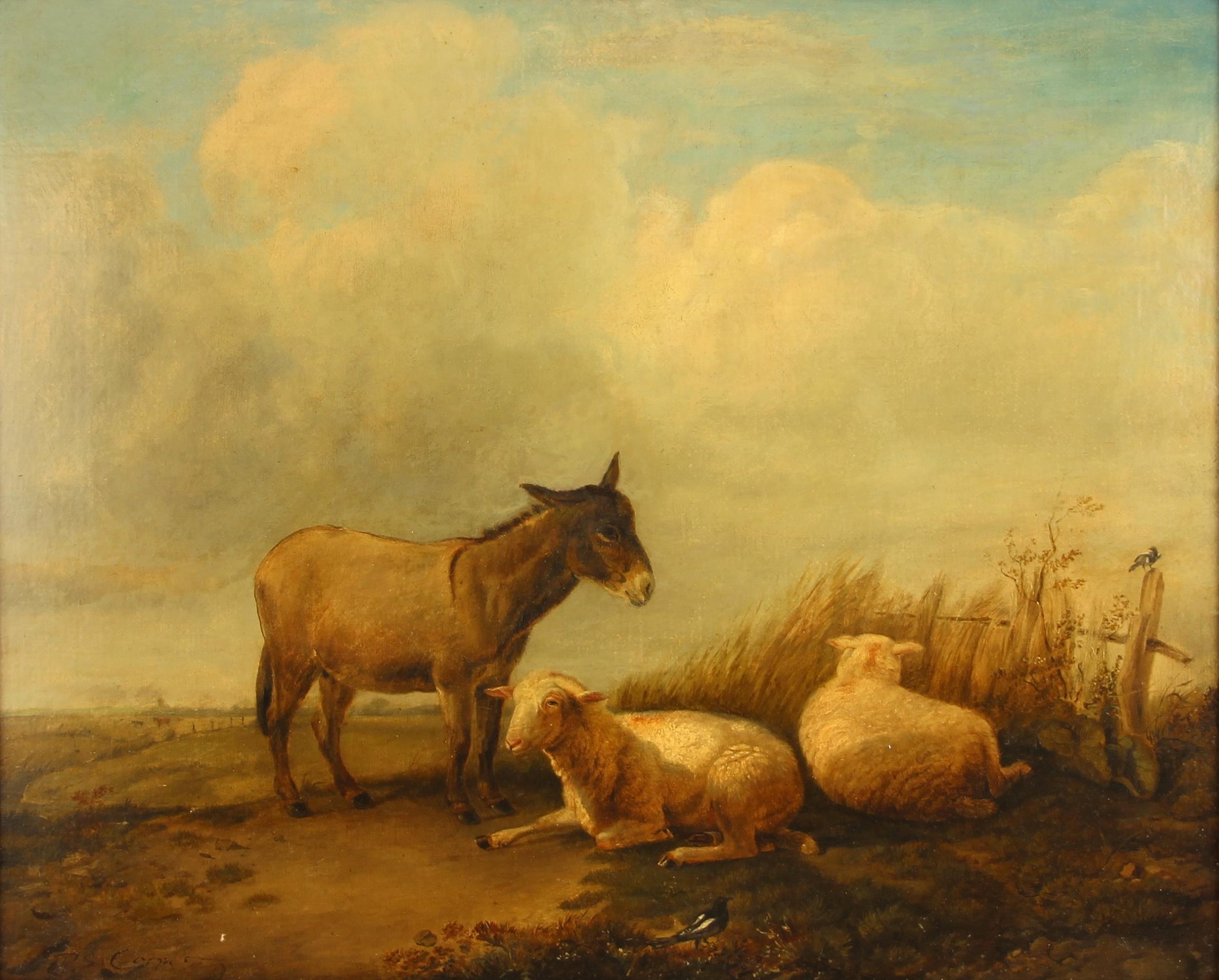 Thomas Sidney Cooper | A donkey with two sheep by a broken fence ...
