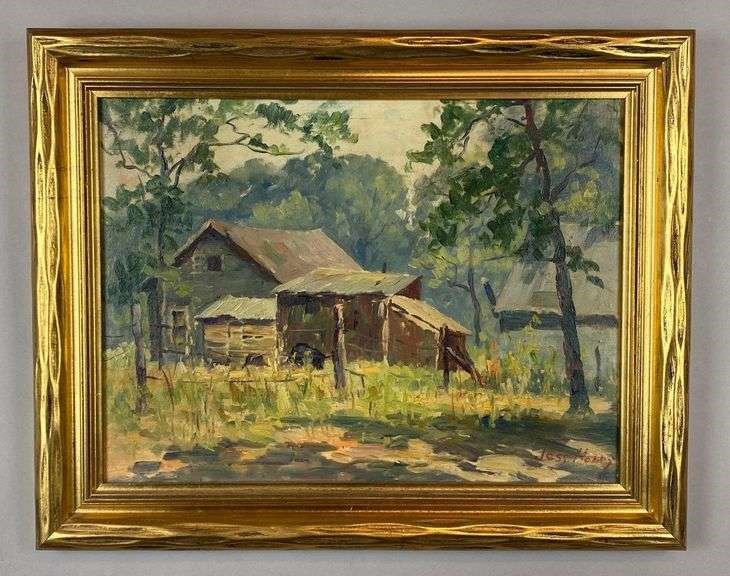 Jess Hobby | Jess Hobby Barnyard Oil Painting on Board | MutualArt