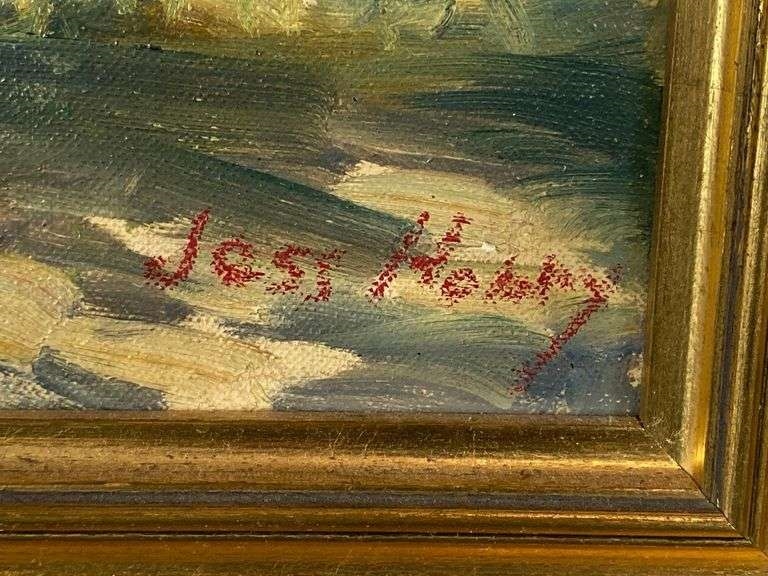 Jess Hobby | Jess Hobby Barnyard Oil Painting on Board | MutualArt