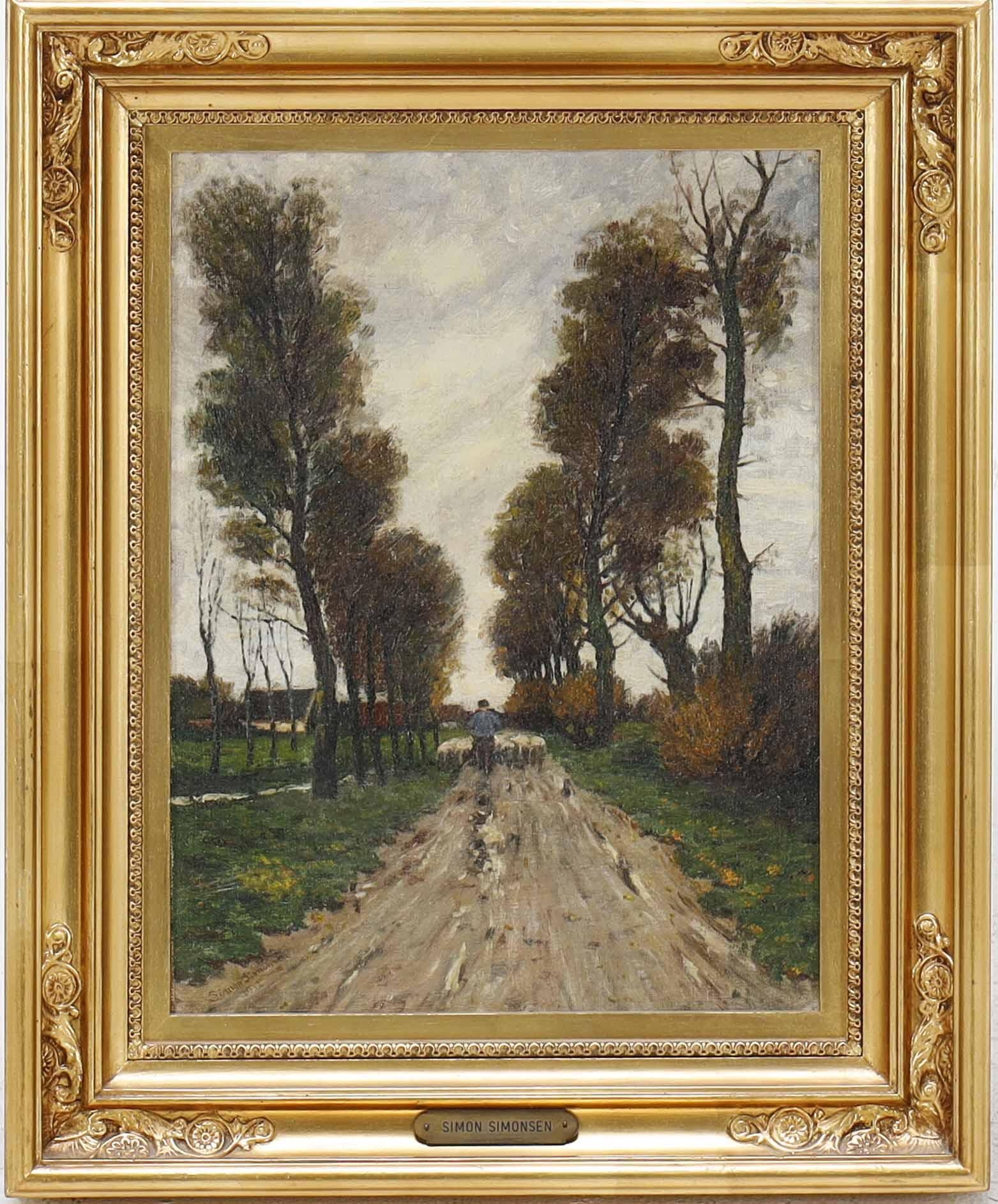 Simon Simonsen | Landskab med mand og fåreflok i en allé (1912) | MutualArt