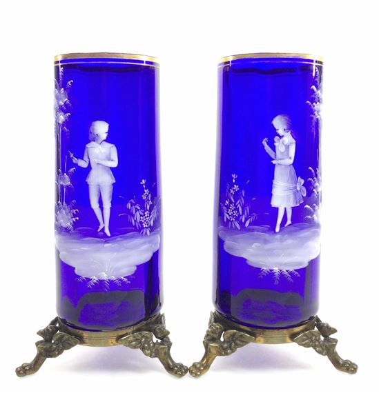 Mary Gregory | Antique Mary Gregory Cobalt Glass Vases | MutualArt
