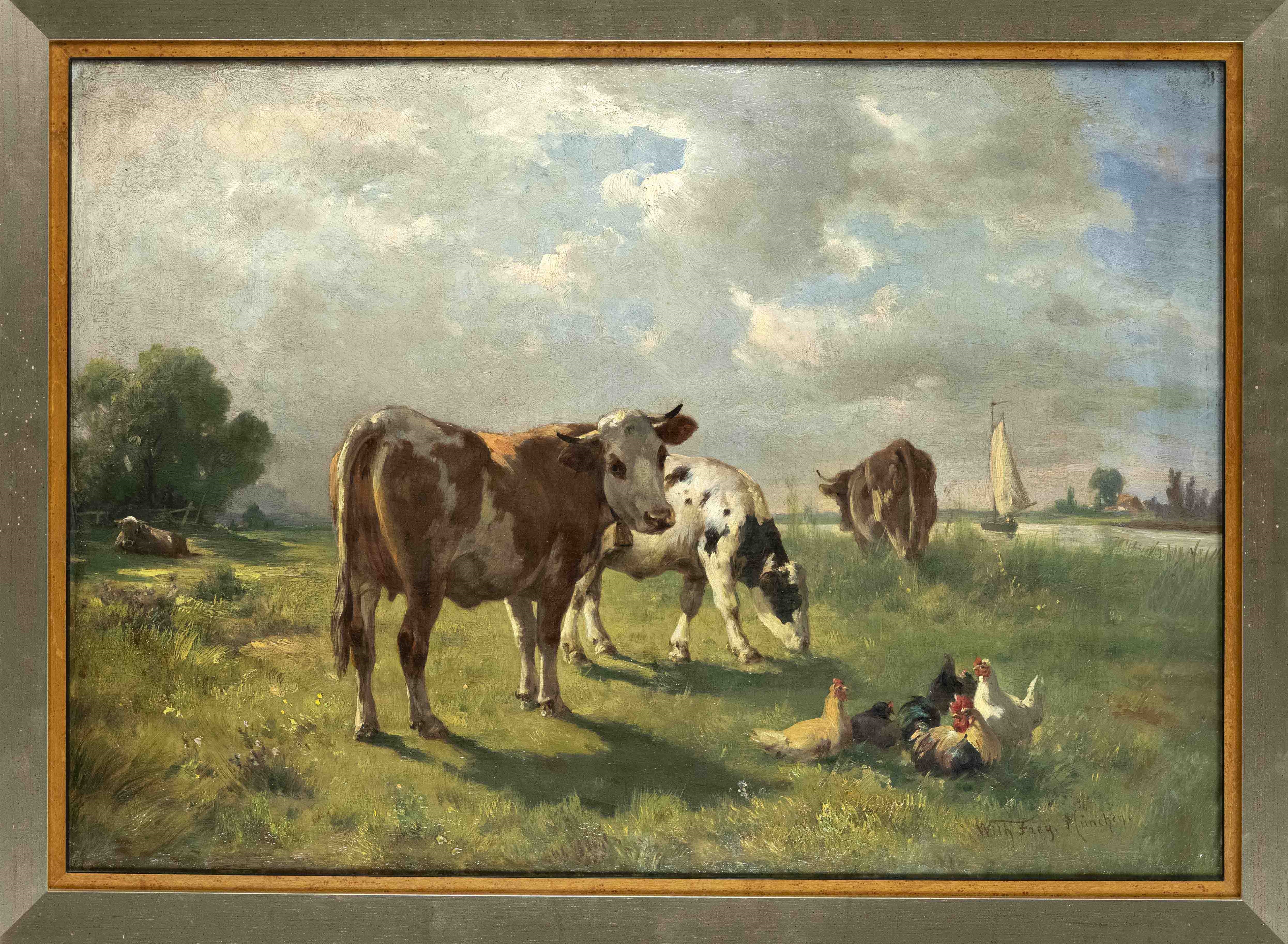Wilhelm Frey | grazing cattle and feathered cattle at the river | MutualArt