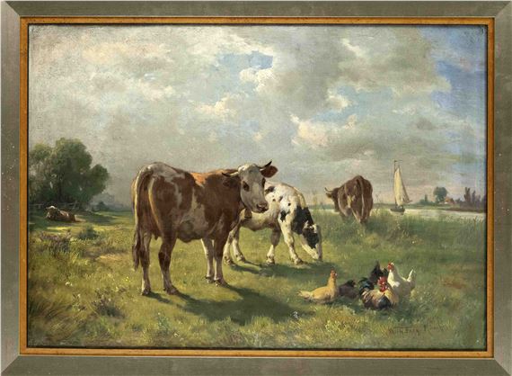Wilhelm Frey | grazing cattle and feathered cattle at the river | MutualArt