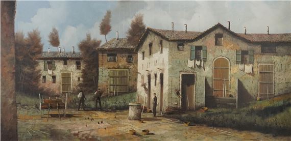 Guido Borelli | Guido Borelli - Courtyard with farmers | MutualArt