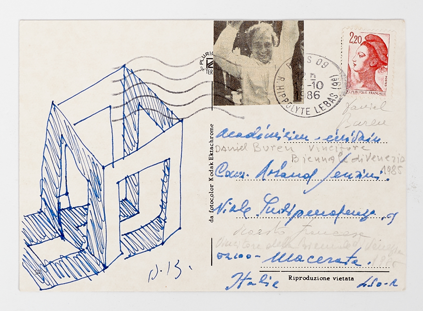 Daniel Buren | Postcard with autograph drawing (1938) | MutualArt