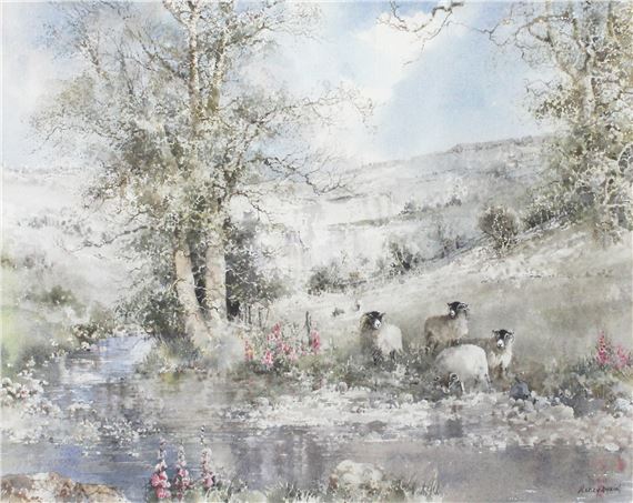 Nancy Dyson | Swaledale Sheep on the river bank | MutualArt