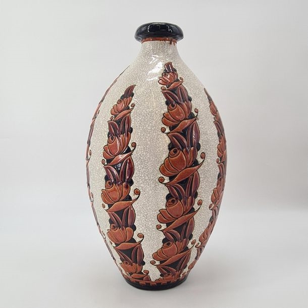 Charles Catteau | Imposing Boch Keramis art deco enamel vase decorated ...