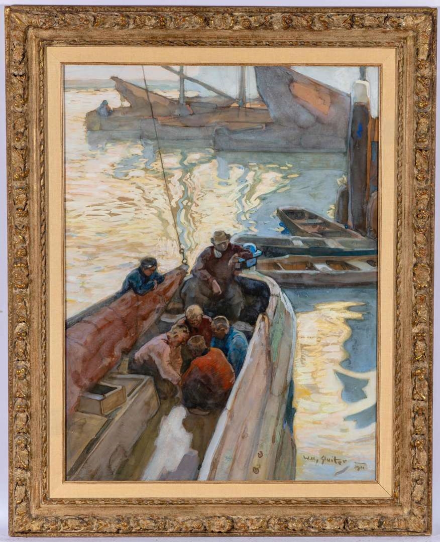 Willy Sluiter | Fishermen in docked boats by the harbour | MutualArt