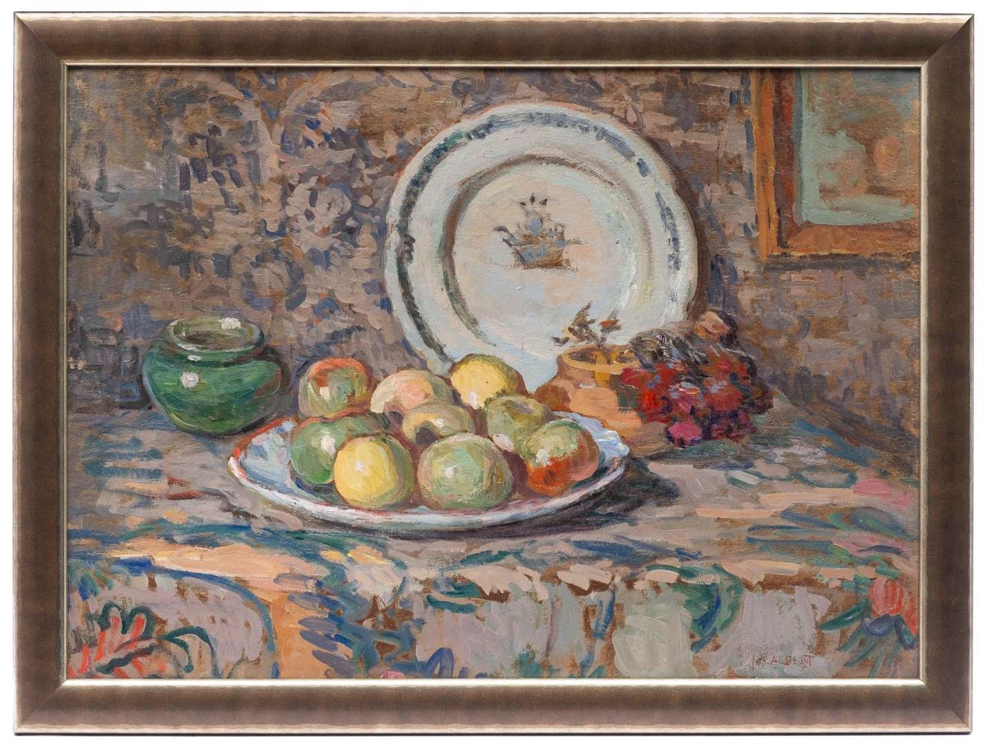 Jos Albert | A colourful still life with apples on a platter | MutualArt