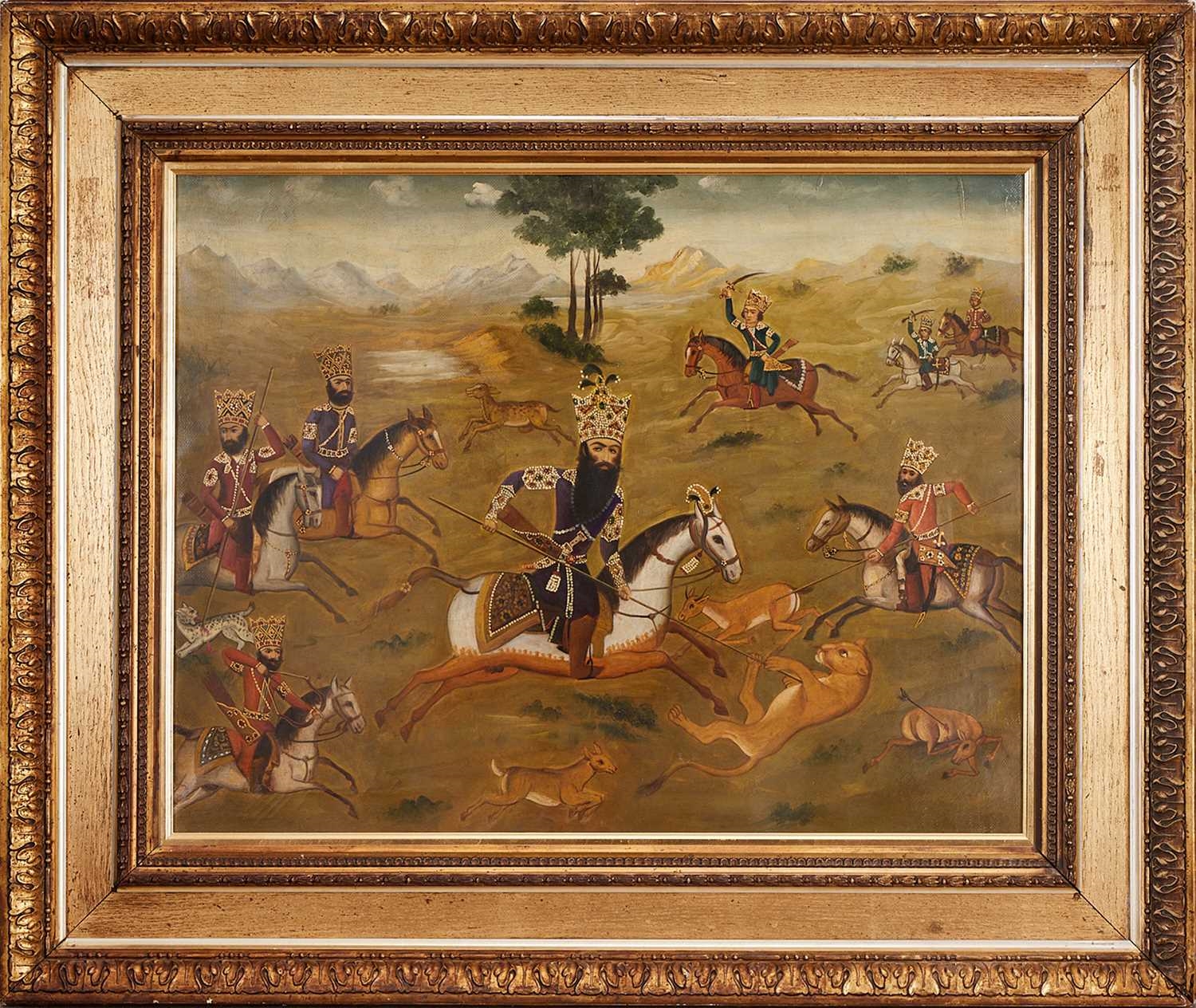 Persian School, 19th Century | A QAJAR DYNASTY PAINTING OF FATH-ALI SHAH QAJAR LION HUNTING ...