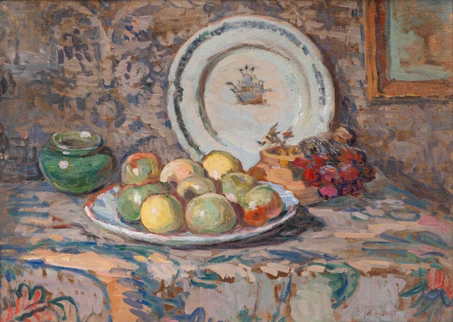 Jos Albert | A colourful still life with apples on a platter | MutualArt