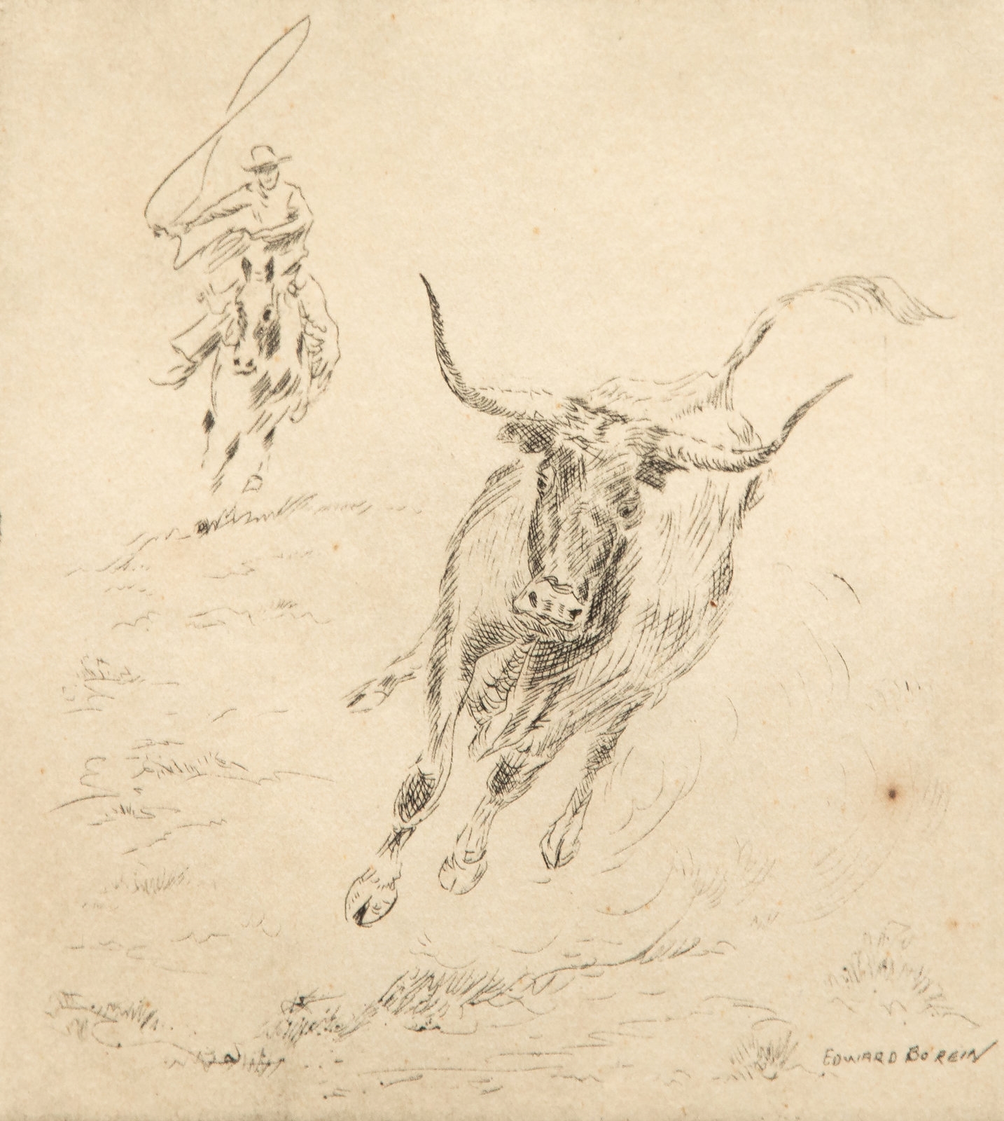 Edward Borein | Cowboy Roping Steer | MutualArt