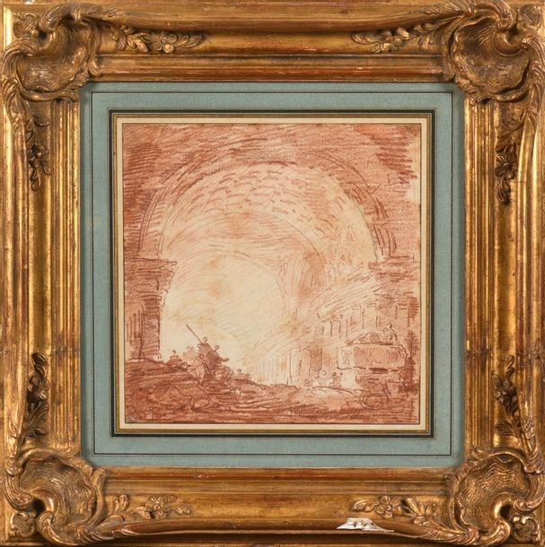 Hubert Robert | Personnages sous une voûte Sanguine et crayon noir 20 x ...