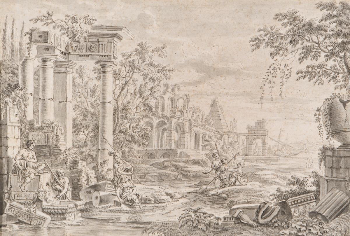 Frederick de Moucheron | Capriccio with rich figure staffage | MutualArt